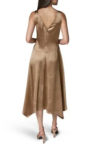 Donna Karan New York Hammered Satin V-neck Handkerchief Hem Dress - Camel