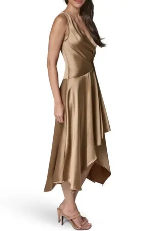 Donna Karan New York Hammered Satin V-neck Handkerchief Hem Dress - Camel
