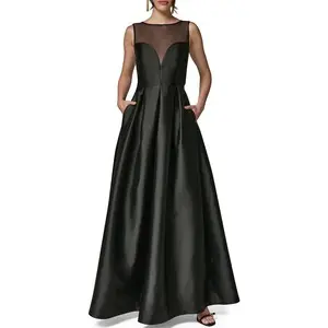 Donna Karan New York Mesh Yoke Fit & Flare Mikado Gown