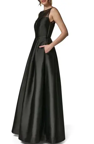 Donna Karan New York Mesh Yoke Fit & Flare Mikado Gown