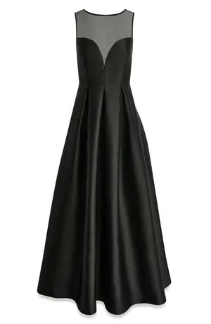 Donna Karan New York Mesh Yoke Fit & Flare Mikado Gown