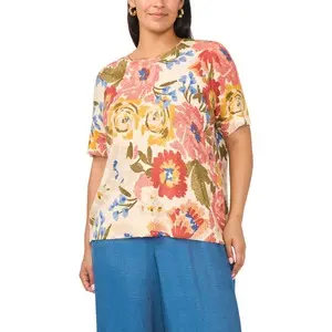 Vince Camuto Floral Print Short Sleeve Crewneck Sweater