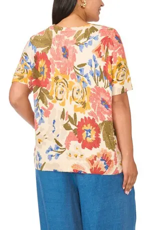 Vince Camuto Floral Print Short Sleeve Crewneck Sweater