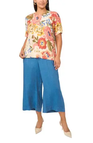 Vince Camuto Floral Print Short Sleeve Crewneck Sweater