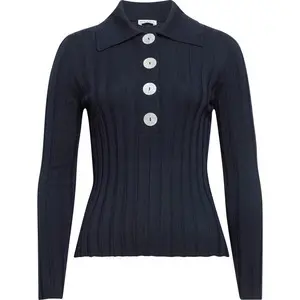 NACKIYE Sugarman Long Sleeve Virgin Wool Rib Polo - Navy