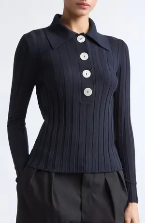NACKIYE Sugarman Long Sleeve Virgin Wool Rib Polo - Navy
