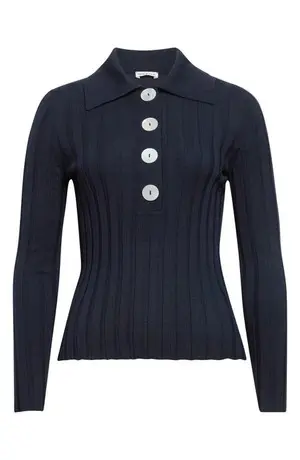 NACKIYE Sugarman Long Sleeve Virgin Wool Rib Polo - Navy
