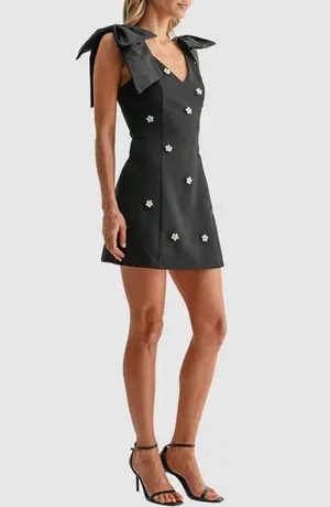 ALL IN FAVOR Embellished Bow Shoulder Mini Dress