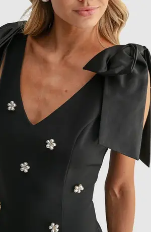 ALL IN FAVOR Embellished Bow Shoulder Mini Dress