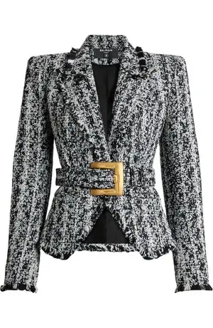 Balmain Two-tone Tweed Belted Jacket