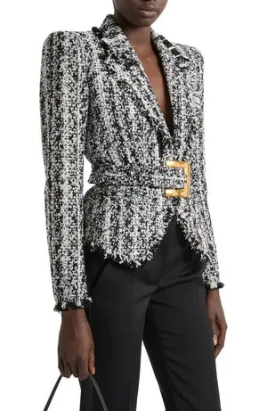 Balmain Two-tone Tweed Belted Jacket