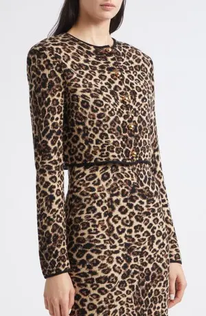 TOCCIN Indira Leopard Jacquard Cropped Wool Cardigan