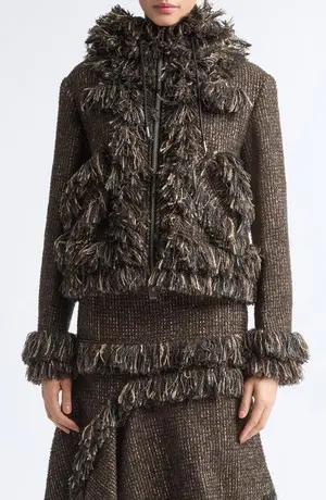 Sacai Fringe Wool Blend Tweed Hooded Jacket - Brown