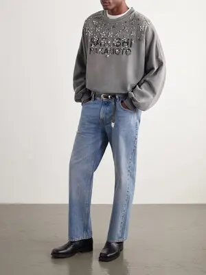 SATOSHI NAKAMOTO Crystal Castle Embellished Distressed Cotton Sweatshirt