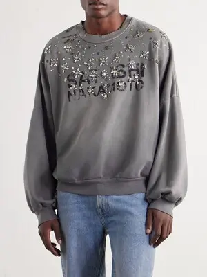 SATOSHI NAKAMOTO Crystal Castle Embellished Distressed Cotton Sweatshirt