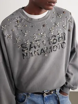 SATOSHI NAKAMOTO Crystal Castle Embellished Distressed Cotton Sweatshirt