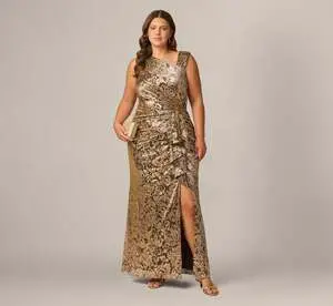 Adrianna Papell Sleeveless Asymmetrical Damask Metallic Gown