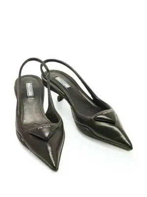 Prada Leather Enamel Triangle Logo Slingback Pumps