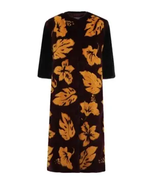 Prada Floral Print Fur Round Collar Coat
