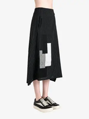 Y’s O-wrap Flare Midi Skirt With Pinstripe And Patchwork Detail