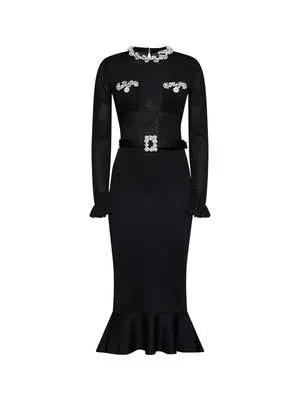 SELF-PORTRAIT Black Knit Midi Dress With Beaded Embroidery - Multicolor