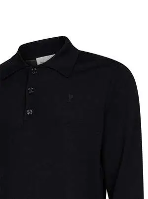 AMI Paris Black Extra-fine Merino Wool Knit De Cœur Polo Shirt