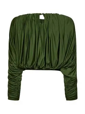 SELF-PORTRAIT Olive Jersey Gathered Cropped Top