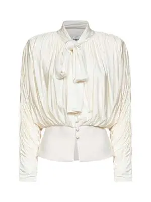 SELF-PORTRAIT Cream Jersey Gathered Tie Neck Top