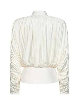 SELF-PORTRAIT Cream Jersey Gathered Tie Neck Top