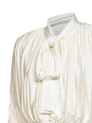 SELF-PORTRAIT Cream Jersey Gathered Tie Neck Top