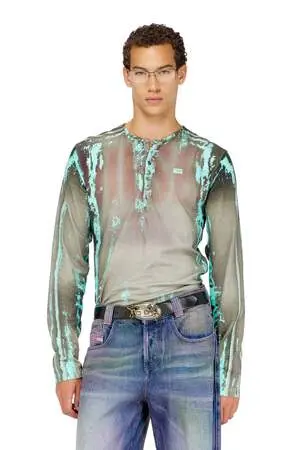 DIESEL® Grandad T-shirt In Cracked Leather-effect Jersey Green