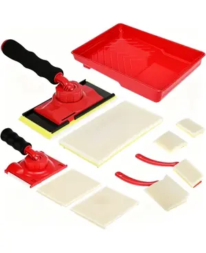 XDOVET Paint Edger Tool Kit Rotating Handle Walls Ceilings Corners Baseboards Pads Refills Tray Home Diy Interior Painting Lines - Red