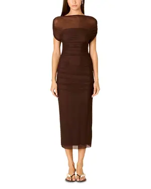 NIA Aria Boat Neck Mesh Bodycon Midi Dress