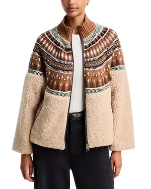 Moon River Mixed Media Fair Isle Zip-up Jacket