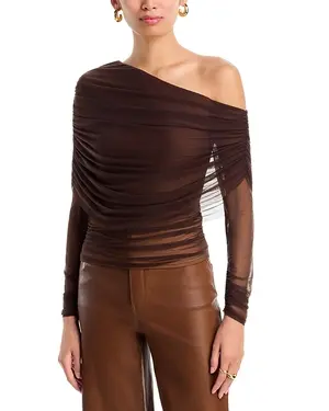Line & Dot Off-the-shoulder Ruched Mesh Top