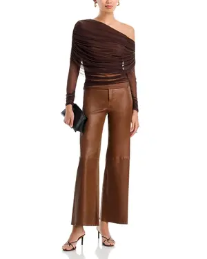 Line & Dot Off-the-shoulder Ruched Mesh Top