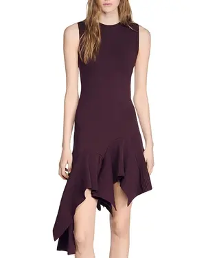 Sandro Asymmetrical Knit Dress With Ruffled Hem - Brown