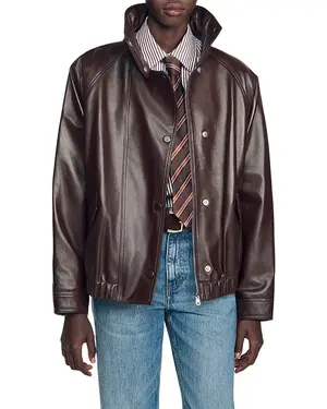 Sandro Stand Collar Leather Jacket - Brown