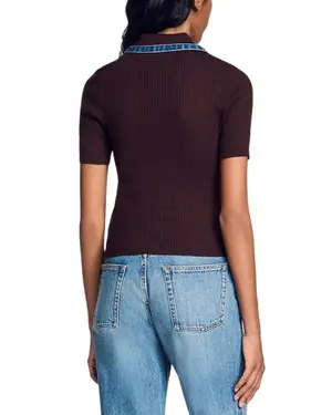 Sandro Richmond Ribbed Knit Polo Sweater With Zip Detail