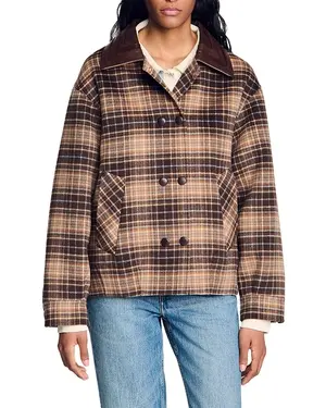 Sandro Mystic Plaid Wool Blend Jacket With Leather Collar