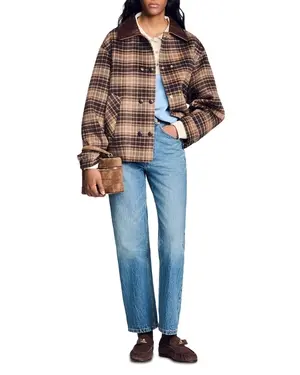 Sandro Mystic Plaid Wool Blend Jacket With Leather Collar