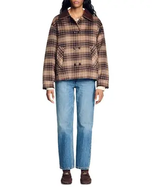 Sandro Mystic Plaid Wool Blend Jacket With Leather Collar