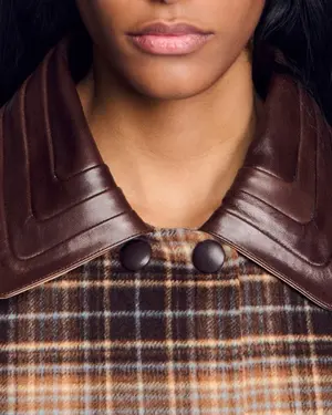 Sandro Mystic Plaid Wool Blend Jacket With Leather Collar