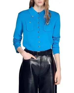 Sandro Wool Blend Shirt Collar Cardigan With Button Detailing