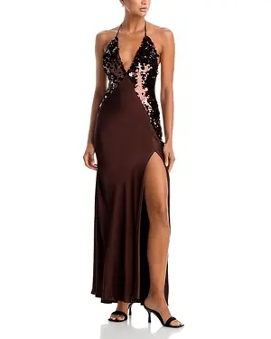 Bardot Yve Sequin Halter Dress - Chocolate