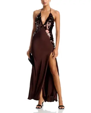 Bardot Yve Sequin Halter Dress - Chocolate