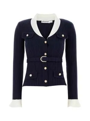 SELF-PORTRAIT Pearl-button Belted Ribbed Knit Cardigan - Navy