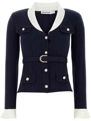 SELF-PORTRAIT Belted Ribbed Knit Cardigan With Pearl Button Detail - Navy