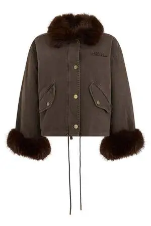 Pinko Pink Synthetic Fur Collar Mini Jacket With Button Closure And Drawstring