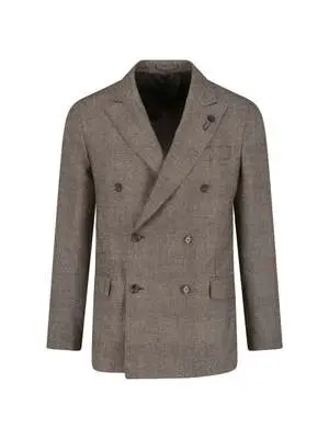 LARDINI Plaid Double-breasted Wool Blazer - Brown